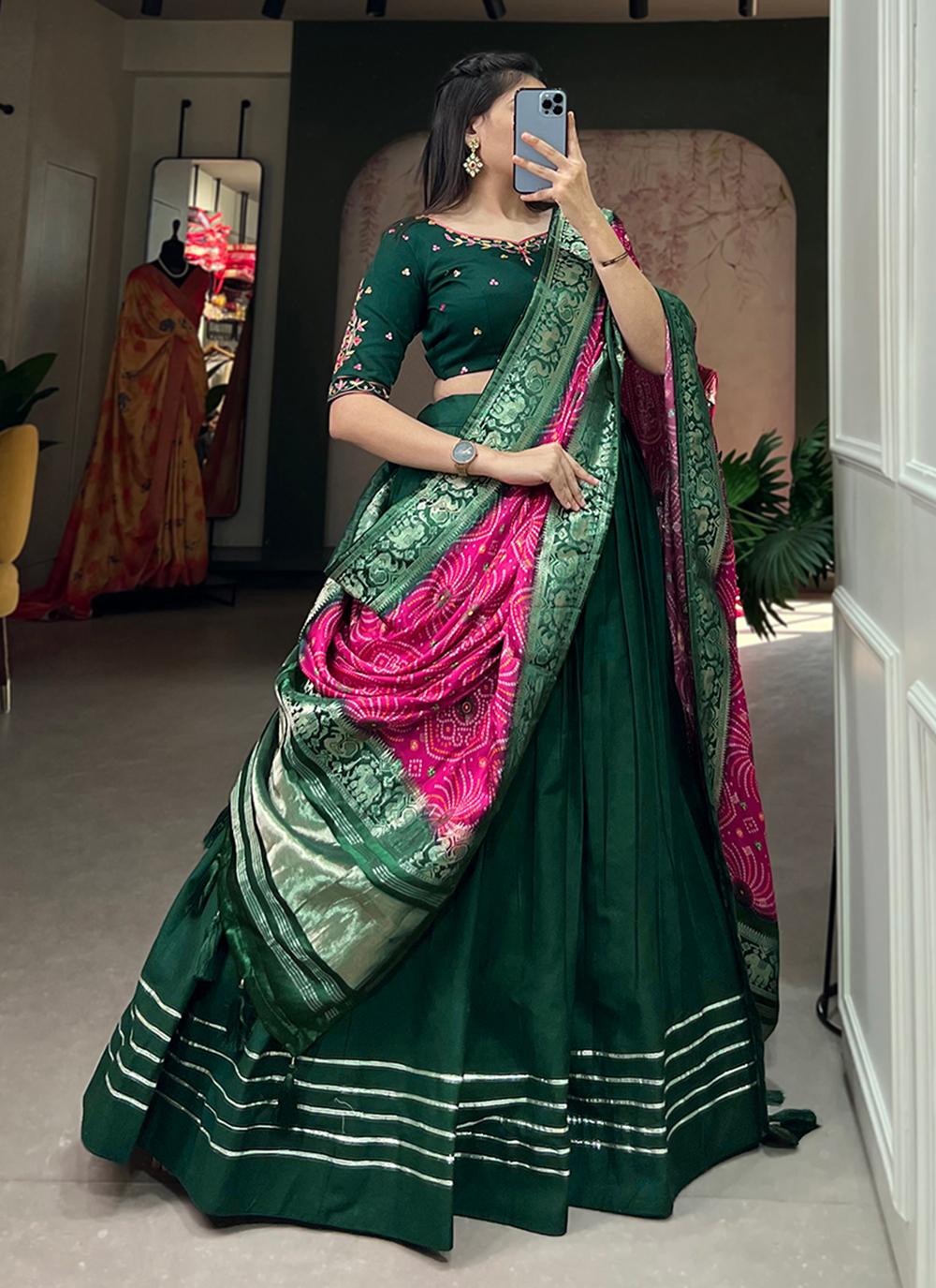 Cotton A Line Lehenga Choli in Green Enhanced with Embroidered